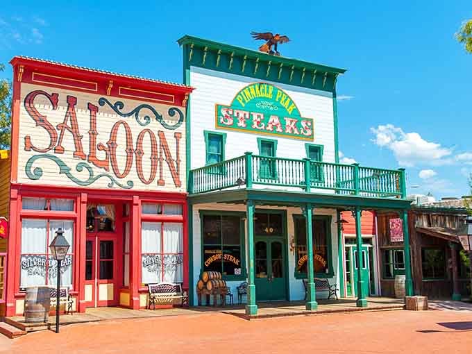These colorful Old West storefronts look like they jumped straight out of a classic Western movie set.