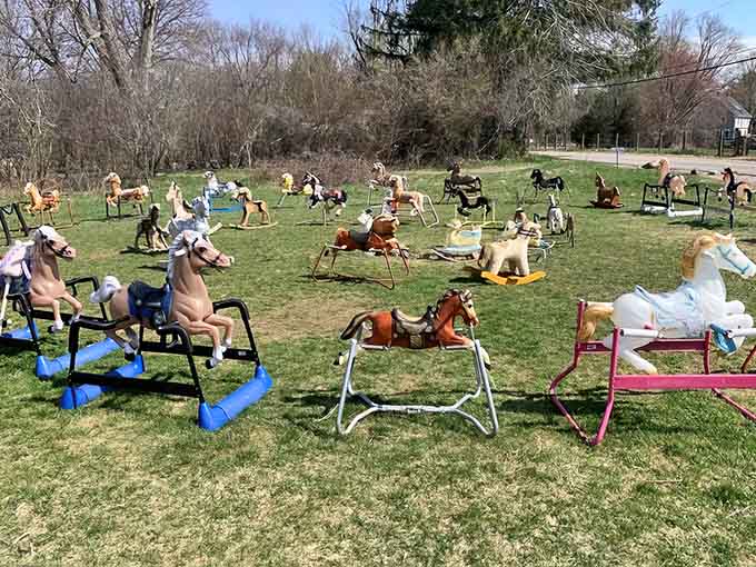 A field of rocking horses frozen mid-gallop creates the most delightfully absurd outdoor art installation you'll ever see.