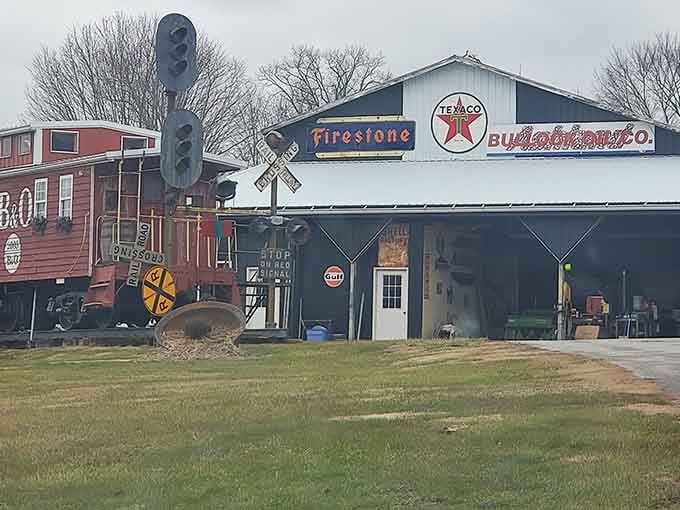 When vintage Texaco signs meet railroad cabooses, you get this glorious collision of Americana that's pure roadside magic.