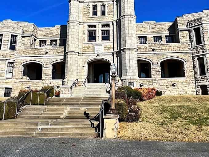Those grand stone steps lead to a castle that looks like it belongs in Europe, not Springfield.