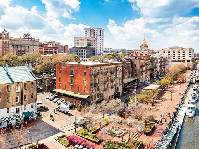 Savannah's riverfront blends historic brick buildings with waterside gardens that make every stroll feel like a movie scene.