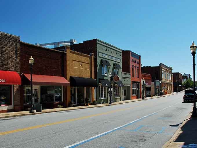 Colorful storefronts line this peaceful main street where parking is plentiful and stress is optional.