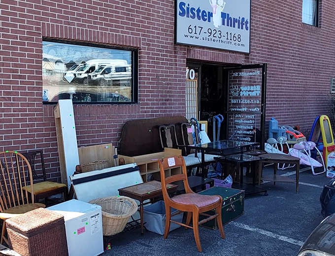 Look at that sidewalk treasure display &ndash; chairs, tables, and baskets waiting for someone to love them again.
