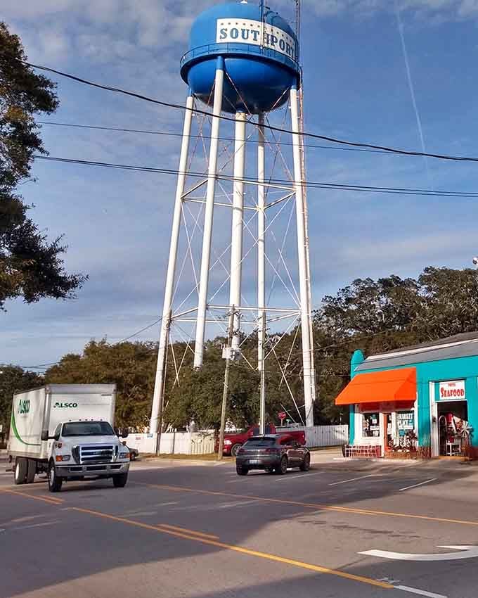 That classic water tower stands tall like a lighthouse for landlubbers, guiding you to coastal charm below.