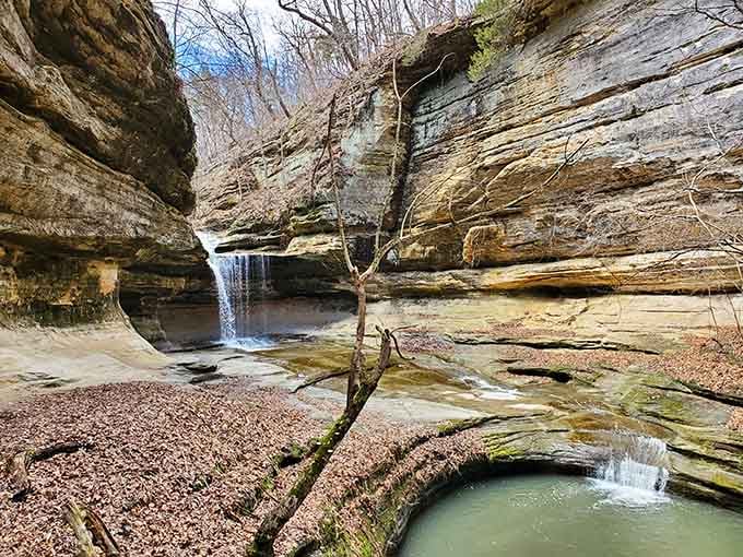 Nature carved this canyon like a master sculptor, complete with a waterfall that whispers secrets to moss-covered stones.