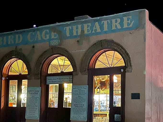 Those glowing arched windows at night make this historic theater look like it's still hosting rowdy Wild West shows.