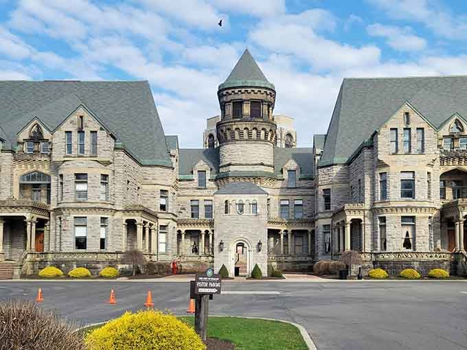 This imposing stone fortress looks like Hogwarts met a maximum-security facility and they became best friends forever.