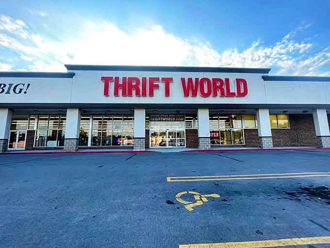 That bold red signage against blue skies promises treasure hunting adventures that'll make your wallet smile wide.