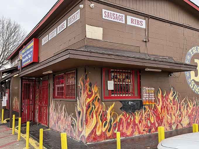 Those painted flames aren't just decoration&mdash;they're a delicious warning that serious barbecue happens inside these walls.