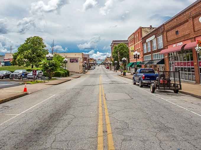 Wide open streets and dramatic skies frame Union's charming downtown, where brick buildings whisper stories of simpler times.