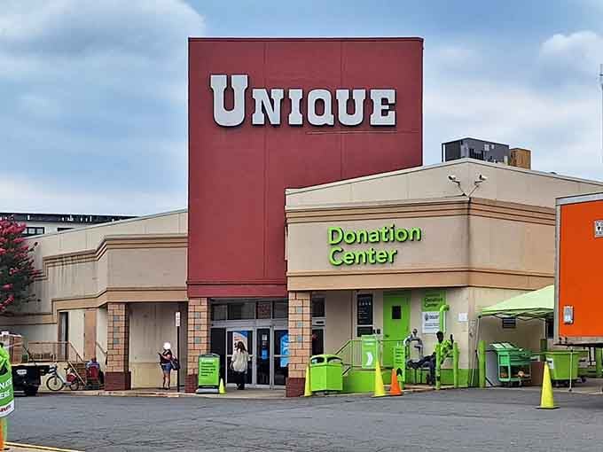That bold red tower and bright green donation bins make this thrift store impossible to miss from the road.