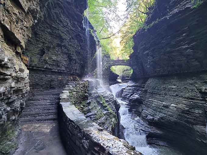 Mother Nature carved this gorge trail like a master sculptor, complete with waterfalls cascading beside ancient stone steps.