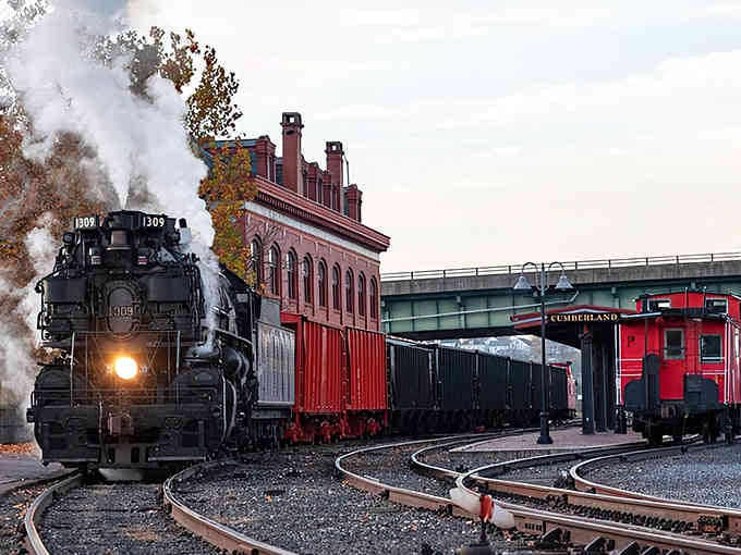 Steam billows like a scene from "The Polar Express" as this magnificent locomotive rounds the historic Cumberland turntable.