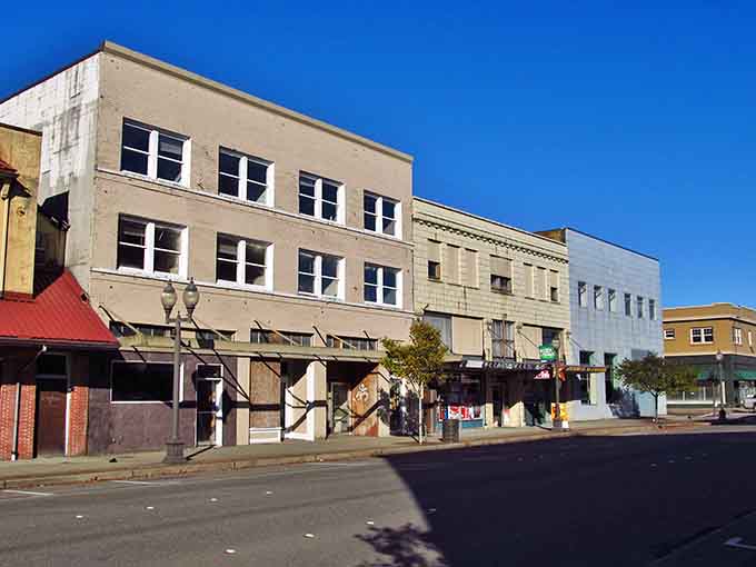 Morning light hits these historic facades like a postcard from a gentler era of American life.