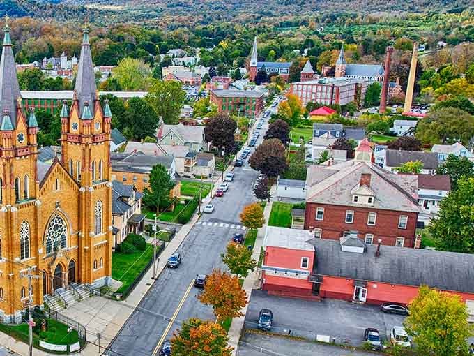 From above, those church spires and autumn colors create a postcard that never gets old or tired.
