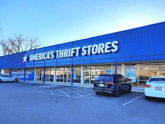 Under clear skies, this sprawling thrift paradise promises treasures waiting behind those glass doors for savvy shoppers.