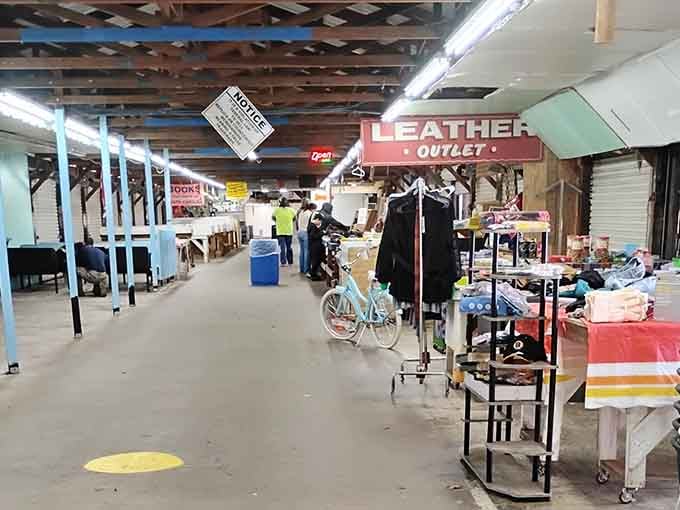 Inside, the leather outlet beckons while exposed beams overhead remind you this is authentic bargain country.