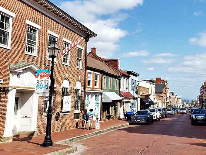 Colorful storefronts line up like a European postcard, proving Maryland does old-world charm better than your passport ever could.
