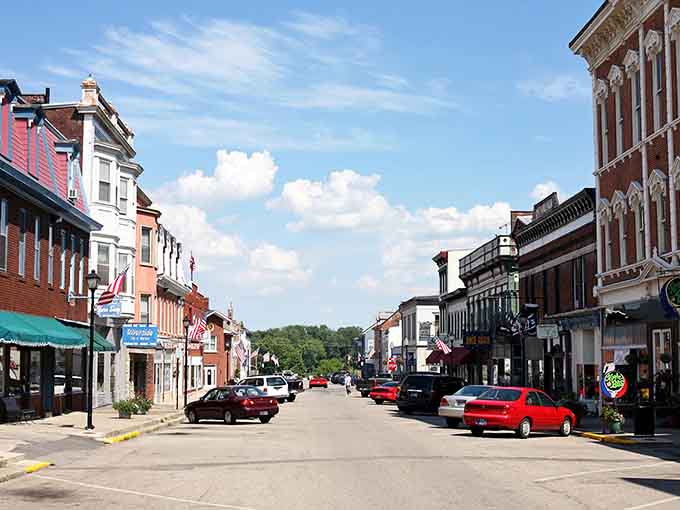 Main Street stretches toward green hills, inviting you to slow down and actually enjoy the stroll.