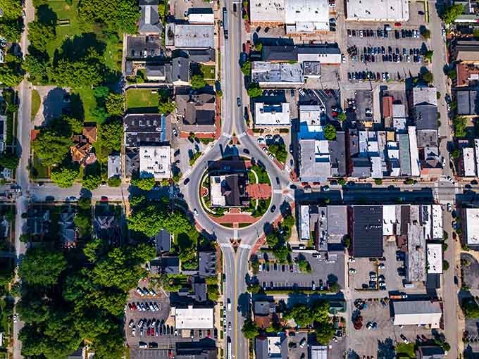 From above, the heart of downtown forms a perfect circle like someone used a giant compass to plan it.