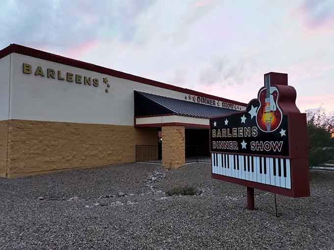 When the desert sky turns cotton candy pink, this guitar-adorned building promises an evening of Western entertainment and hearty eats.
