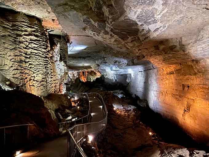 The walkway winds through cathedral-sized rooms where million-year-old formations create an underground palace worth exploring.