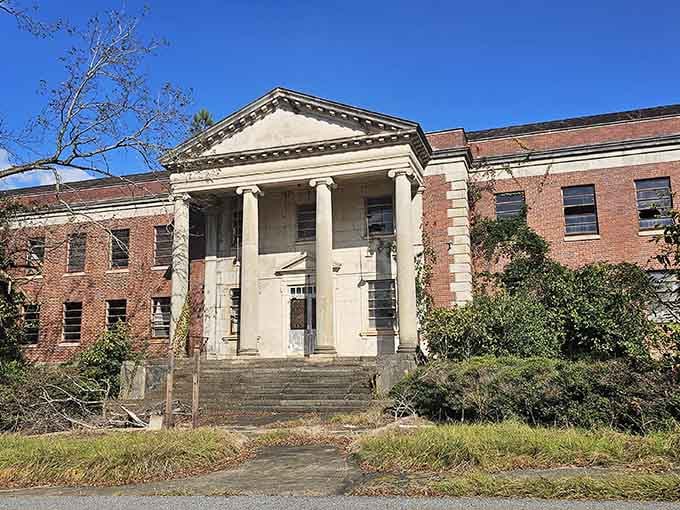 Sunlight can't quite chase away the eerie feeling when nature reclaims these abandoned hospital steps and porticos.