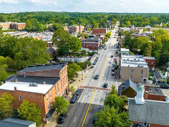 From above, tree-lined streets weave through town like nature's own welcome mat for peaceful retirement living.