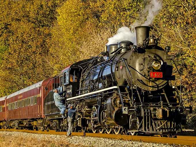 The gleaming locomotive catches golden light perfectly, proving some machines age better than your favorite leather jacket.