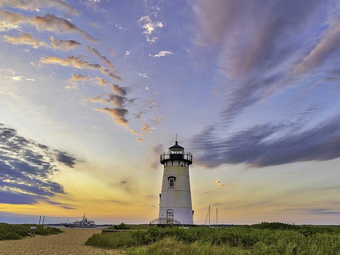 When the sky turns cotton candy at dusk, this lighthouse becomes pure magic against the golden clouds.