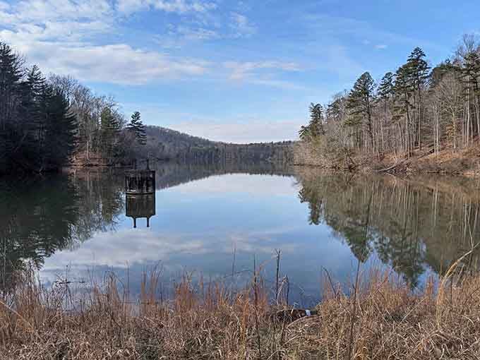The lake mirrors the sky so perfectly, you might forget which way is up in this peaceful paradise.