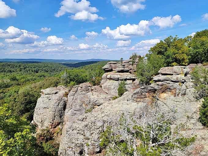 Stacked sandstone formations stretch endlessly, creating a horizon that'll make you forget you're in the Midwest entirely.