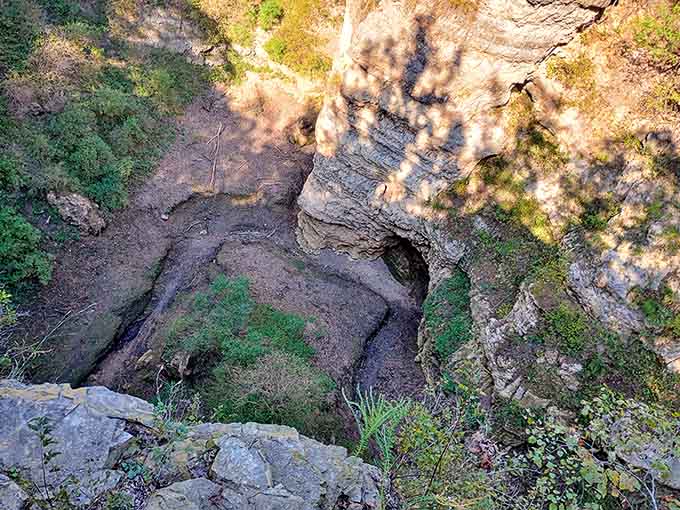 Looking down into the gulf from above reveals the dramatic collapse that created this stunning geological wonder.