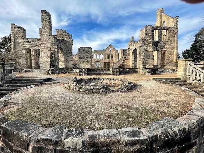 Stone towers reach skyward from these romantic ruins, whispering tales of grandeur that once filled these now-silent halls.