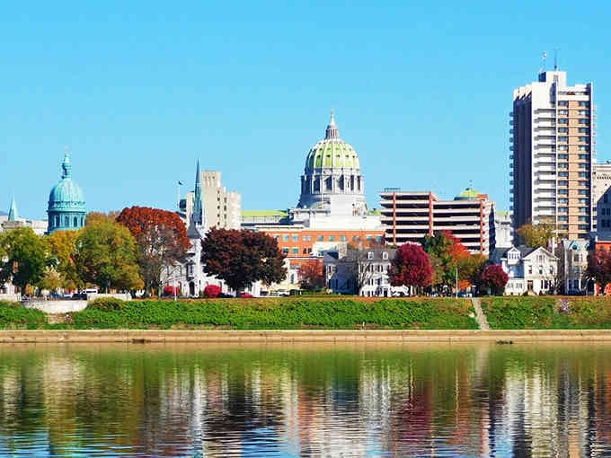 The Susquehanna River reflects Harrisburg's skyline like a postcard you'd actually want to send home.
