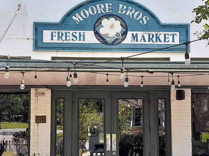 The Moore Bros. Fresh Market sign hints at the quality ingredients that make their steaks unforgettable.