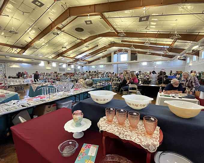 Those vintage Pyrex bowls and pink Depression glass gleaming under warehouse lights are calling your name, friend.