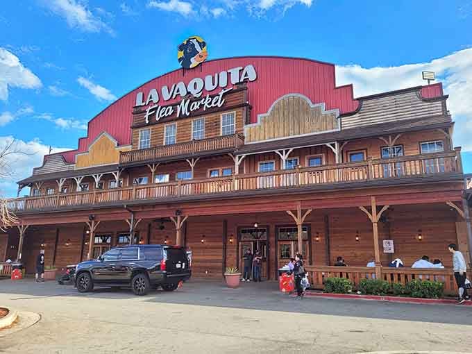Blue skies meet wooden balconies at this sprawling market where treasure hunting feels like a weekend adventure.