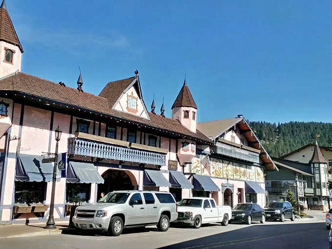 Painted murals and charming Bavarian-style architecture make this mountain street feel like a true German village.