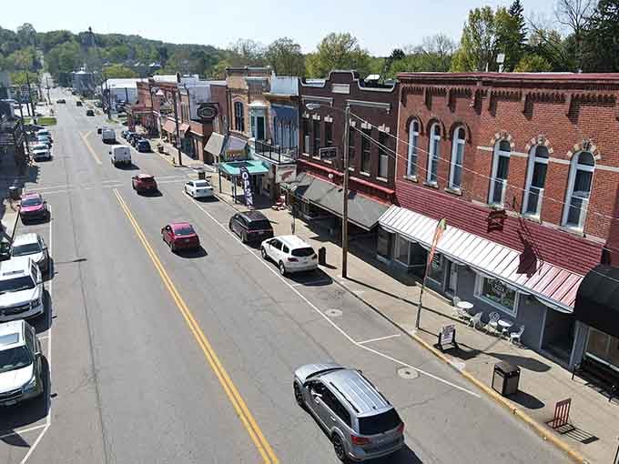 From above, Main Street reveals its timeless charm&mdash;brick buildings standing proud like they've got nothing to prove.