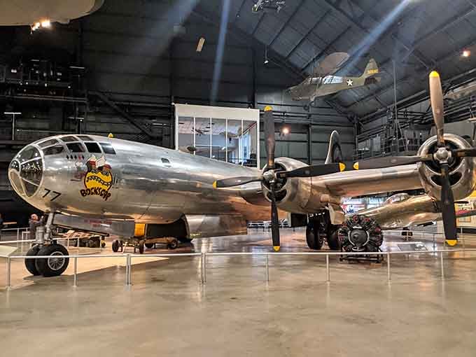 The gleaming silver bomber stands proud, a testament to courage and engineering that still takes your breath away.