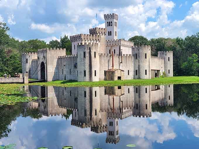 Those battlements and towers reflecting in still water create a mirror image worthy of any European postcard.