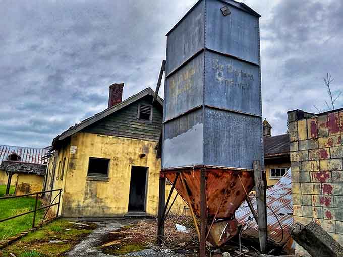 Time and rust have transformed this industrial complex into something from a gothic novel, beautifully haunting under gray skies.