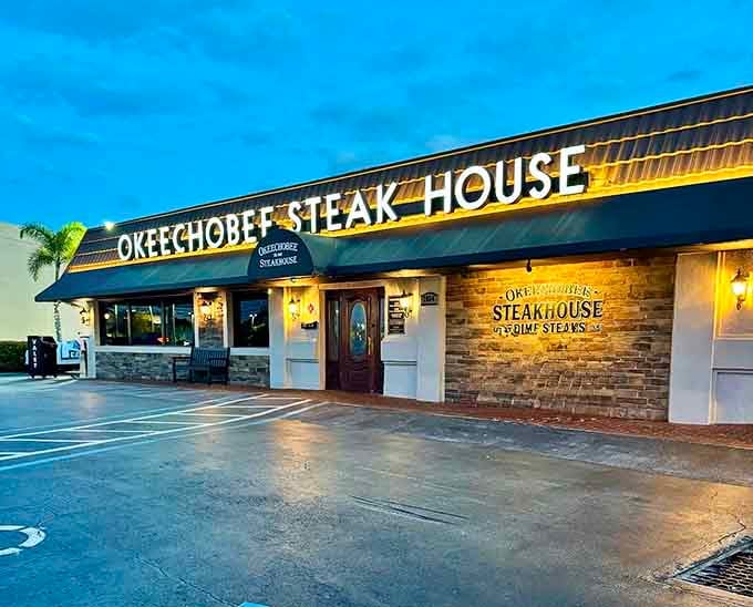 Evening light makes this steakhouse glow like a beacon for hungry carnivores cruising Okeechobee Boulevard.