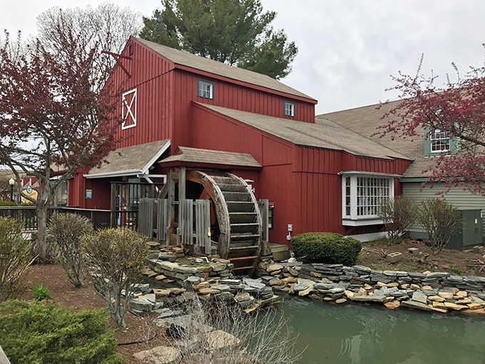 That working water wheel adds authentic old-world character to this delightful shopping village tucked away in Connecticut.