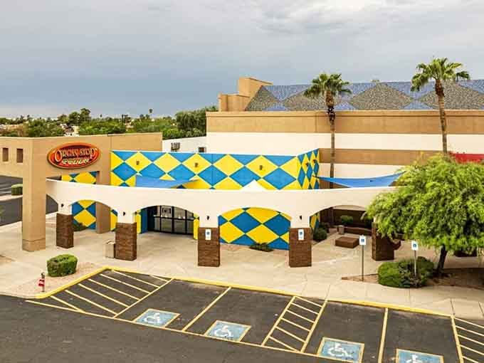 From above, this colorful entrance looks like a gift wrapped just for pizza and music lovers.