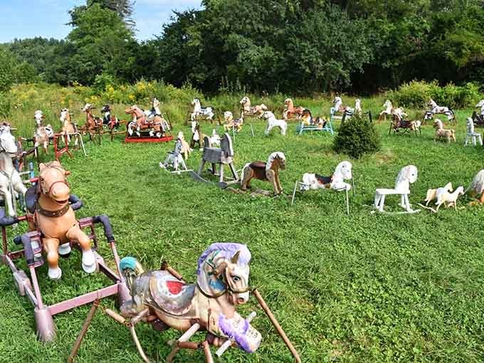 Summer sunshine illuminates this whimsical herd where plastic ponies and wooden steeds gather in mysterious formation.