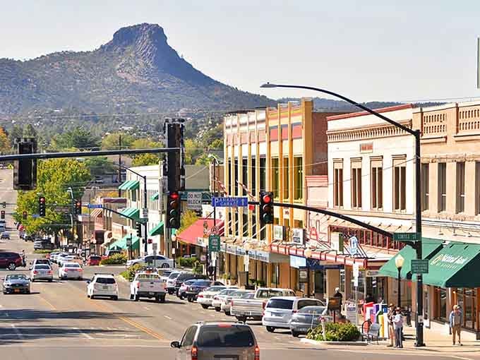 Thumb Butte watches over historic storefronts where every building tells a story worth hearing over coffee.
