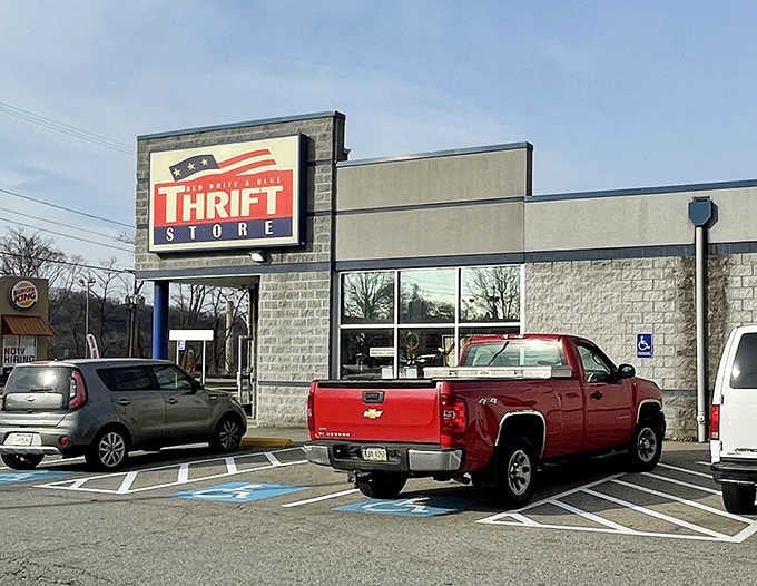 The bold red sign beckons like a lighthouse for thrifters seeking incredible deals on everything under the sun.