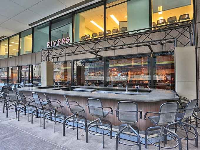 That outdoor bar setup whispers "happy hour" louder than a foghorn on the Chicago River.